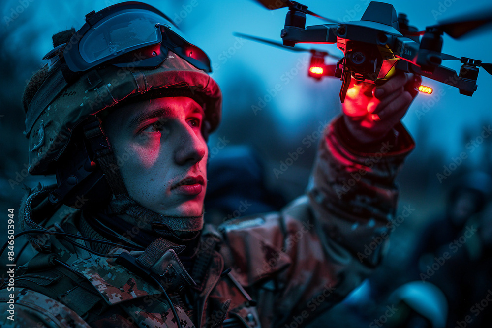 AI generated photo of military soldier controls drone for ...