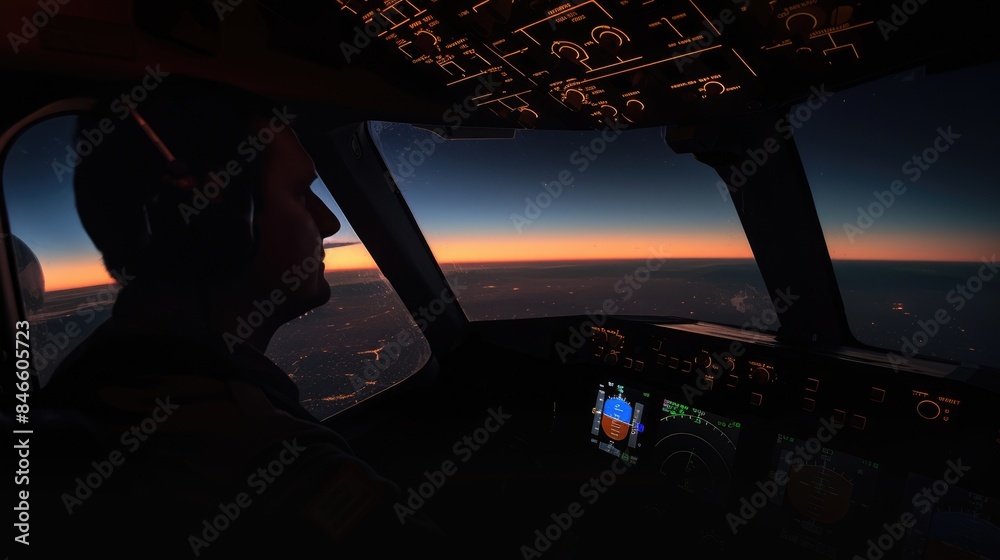 Confident professional pilot flying aircraft while sitting at plane ...