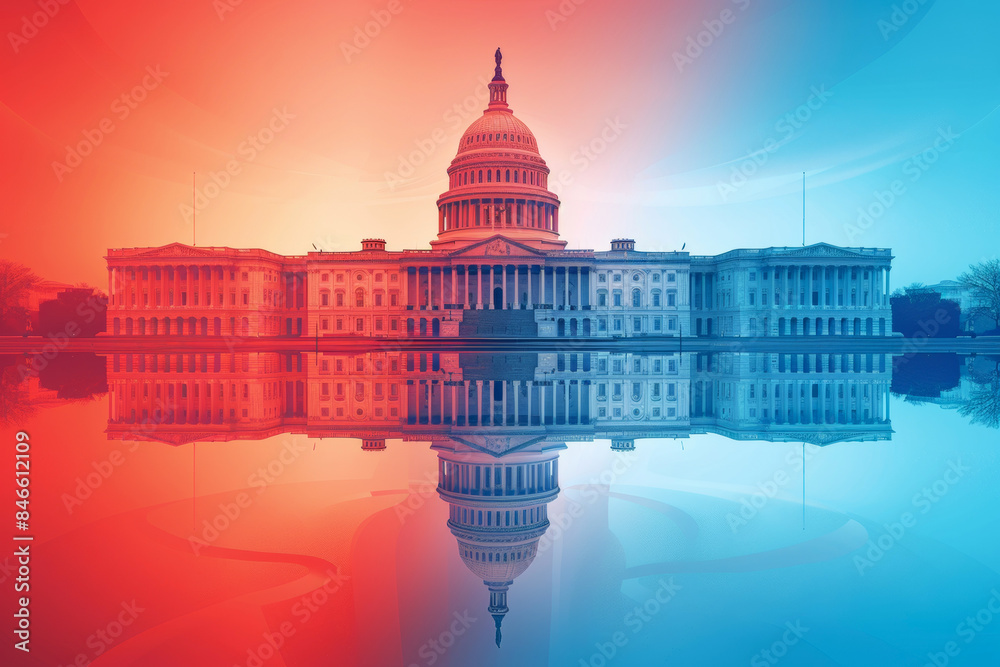 The U.S. Capitol building reflected in a water body, divided into red ...