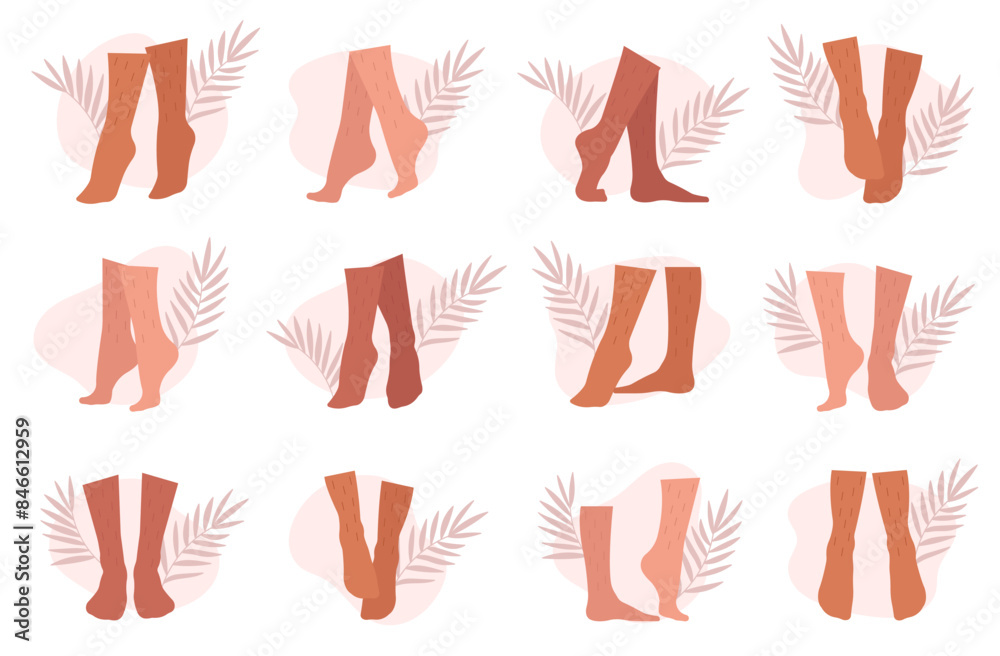 Bare human feet. Legs with hair. Different foot positions. Healthy skin ...