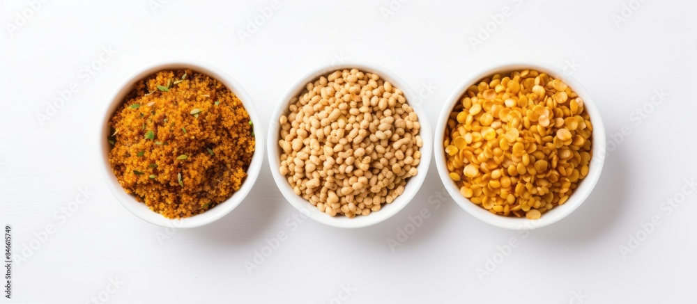 Top view of Dal Moth Namkeen, Lite Mixture, and Namkeen in a white bowl ...