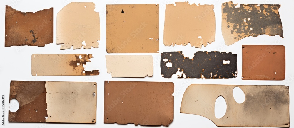 Variety of vintage stickers with worn-out, torn, and partially peeled ...