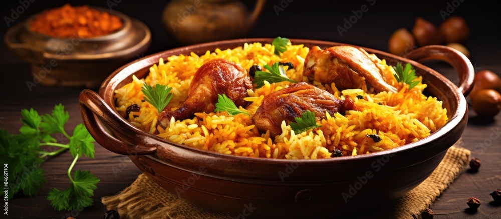Homemade Arabian rice dish known as chicken kabsa, representing ...