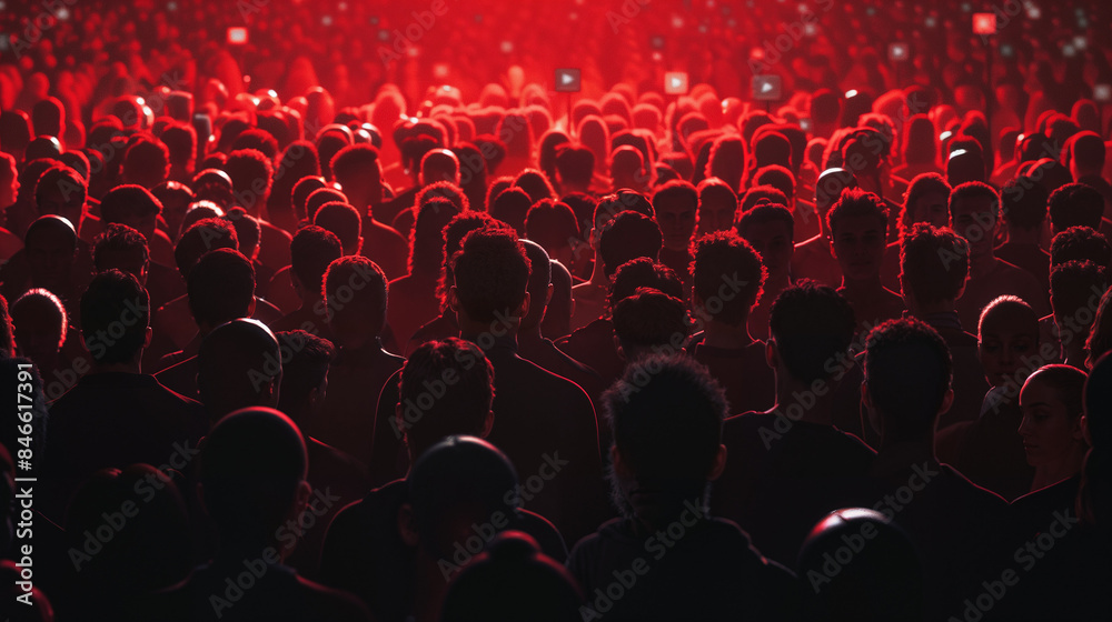 silhouettes of a multitude of social media followers from behind ...