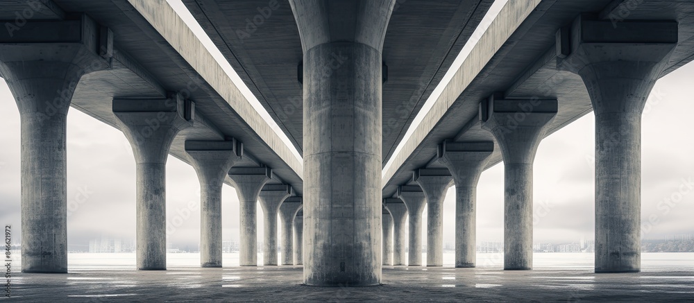 Explore the massive concrete bridge pillars from below, capturing the ...