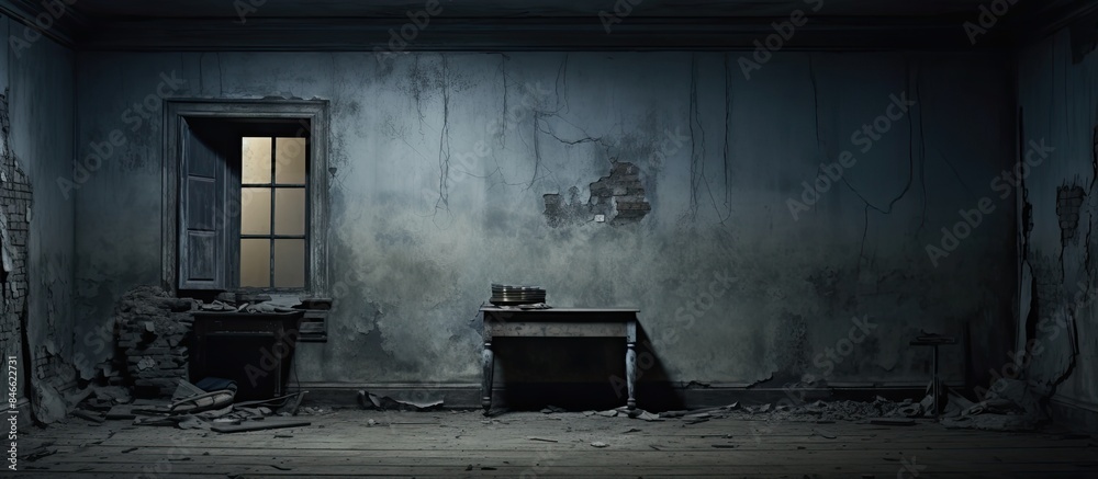 Interior of abandoned house featuring a grimy room with decaying walls ...