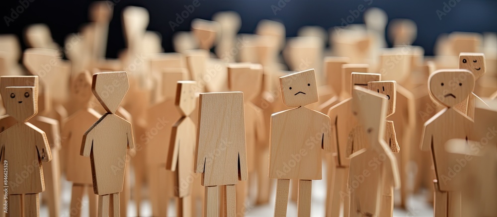 An angry crowd of wooden people figures with a protest sign in a copy ...