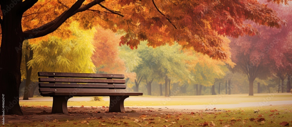 Autumn park scene featuring a bench with a backdrop of colorful fall ...