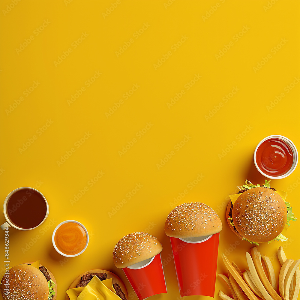 3d rendered photos of flat lay of fast food, empty space for text on ...