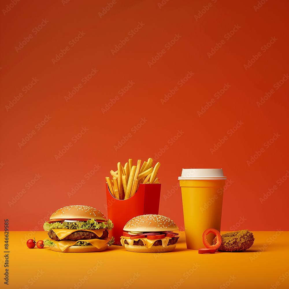 3d rendered photos of flat lay of fast food, empty space for text on ...