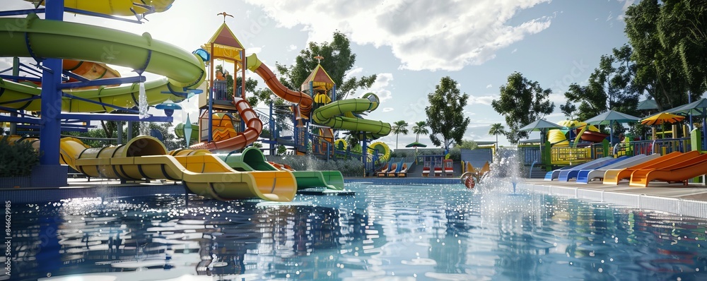 Kids playing in a water park on Children's Day, enjoying slides and ...
