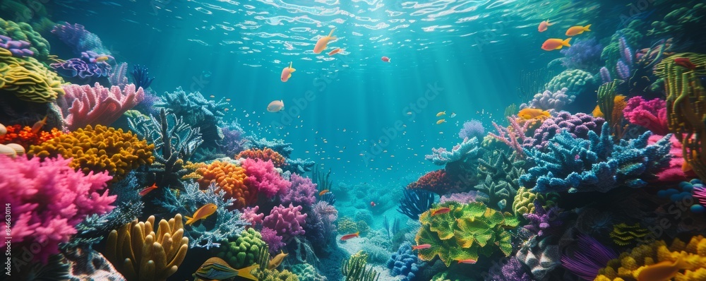 Vibrant underwater coral reef portrait, with marine life and colorful ...