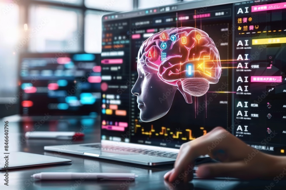AI brain interface on a digital screen, representing neural networks ...