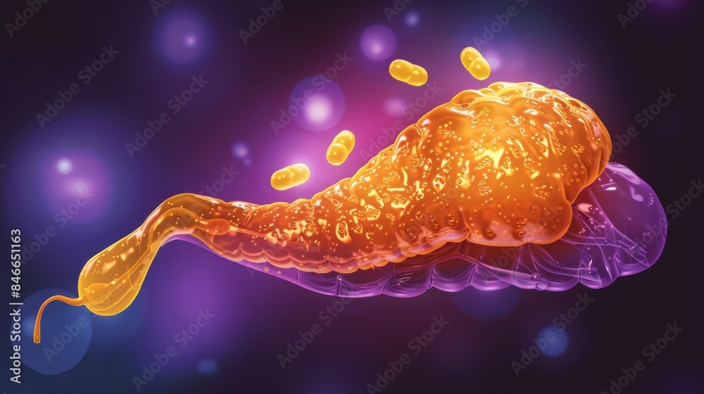 3D render of the pancreas producing insulin and its role in blood sugar ...