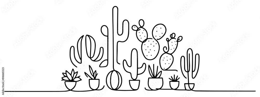 set of cacti in pots drawn in monoline in doodle style black vector ...
