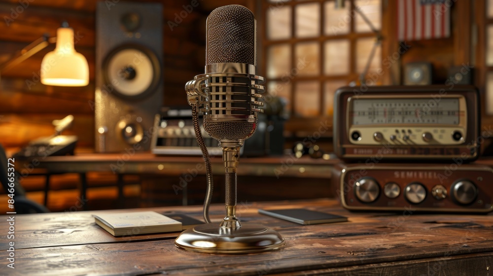 Vintage Broadcaster's Desk Classic Microphone and Retro Radio Dials ...