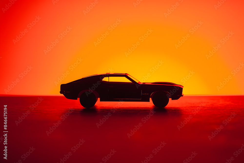 Silhouette of generic sports car in dark garage, back view, pit lane ...