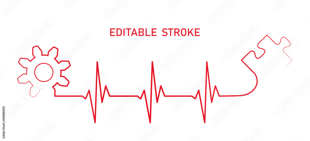 Editable lines heart rhythm illustration with puzzle piece, cog wheel ...