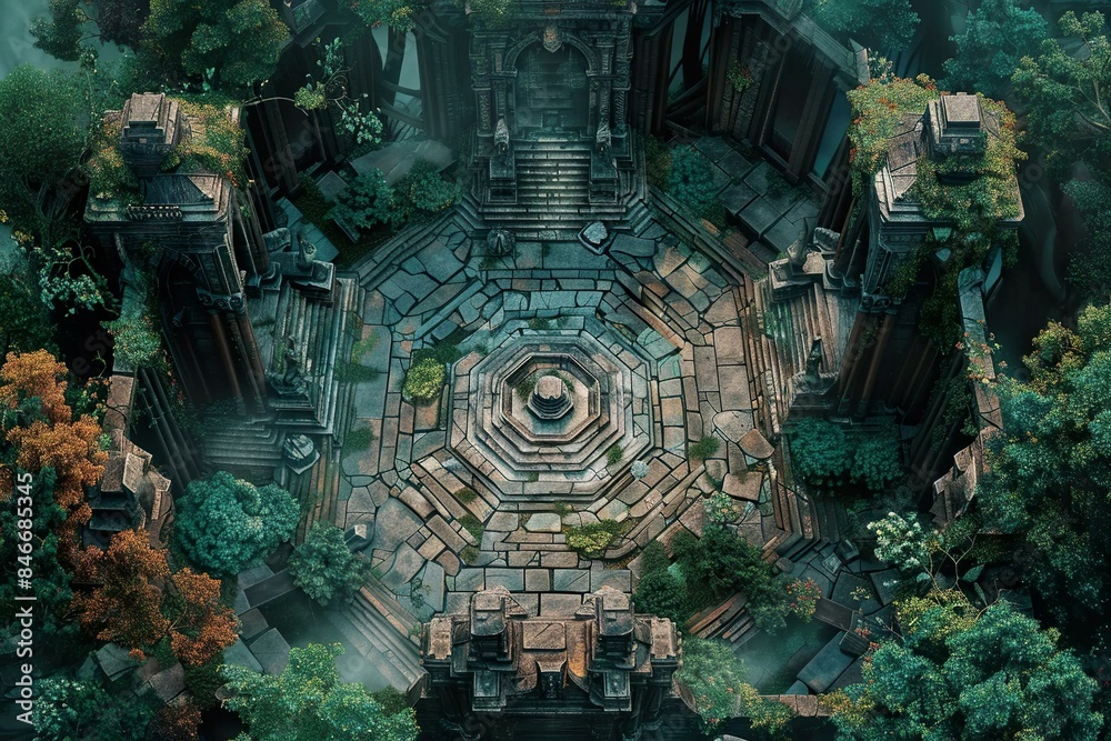DnD Battlemap Abandoned temple battlemap. Aerial view ruins trees stone ...