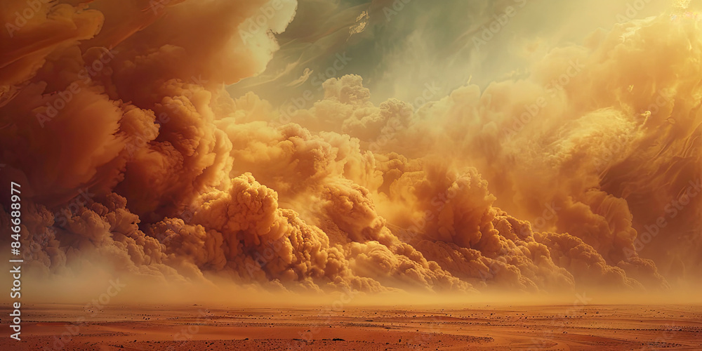 massive sandstorm engulfing a desert landscape, with towering clouds of ...