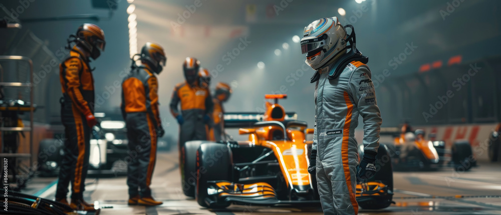 A full body photo of an F2 driver wearing a grey racing suit and helmet ...