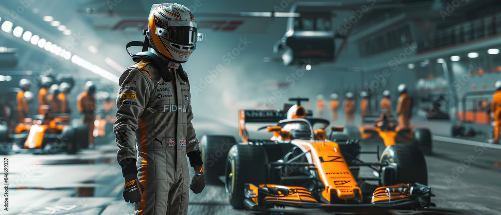 A full body photo of an F2 driver wearing a grey racing suit and helmet ...