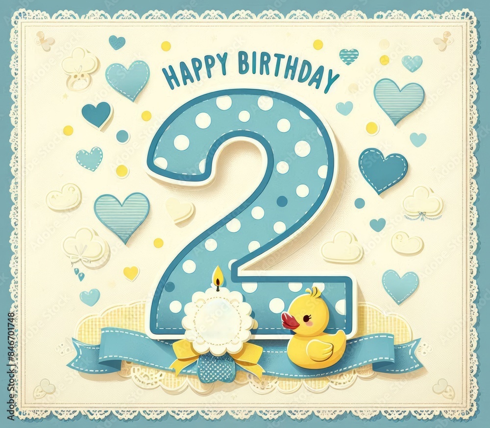 Cute Happy Birthday card for 2nd birthday with blue number 2, hearts ...