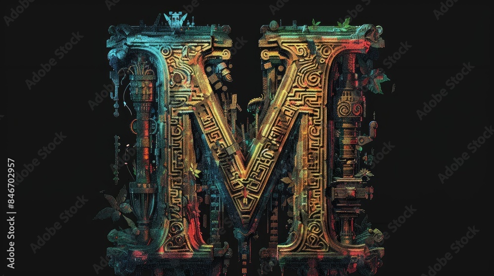 The depiction displays the letter M with elaborate features potentially ...