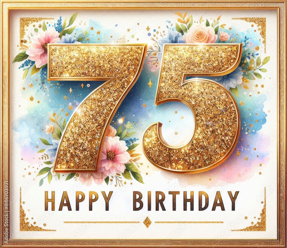 Elegant 75th birthday card with gold glitter numbers, surrounded by ...