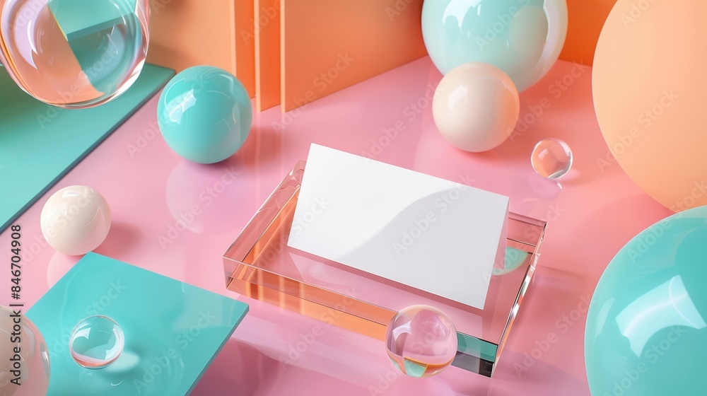 White rectangular card mockup placed on clear acrylic stand amidst ...