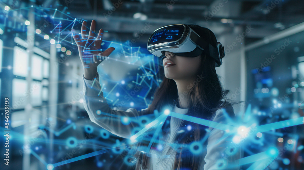 School student with VR headset using AI artificial intelligence ...