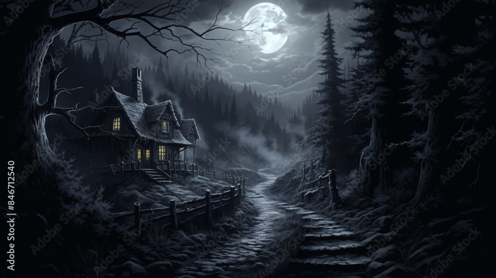 Eerie moonlit forest path leading to a spooky house, surrounded by dark ...