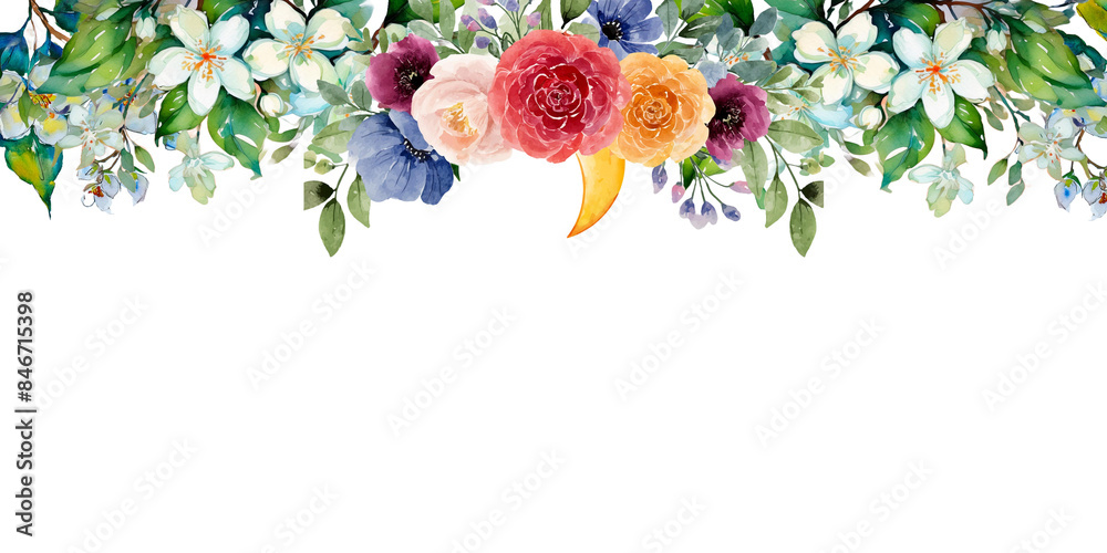 watercolor jasmine flower with branch and pink, red, yellow flower ...