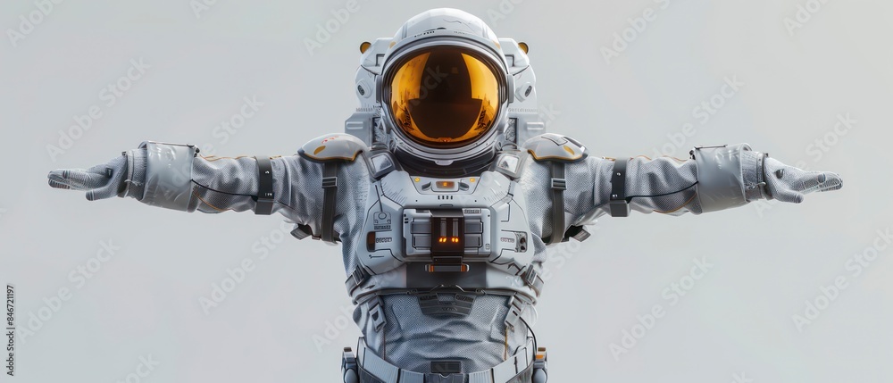 future astronaut, donning an impressive space suit, stands with arms ...