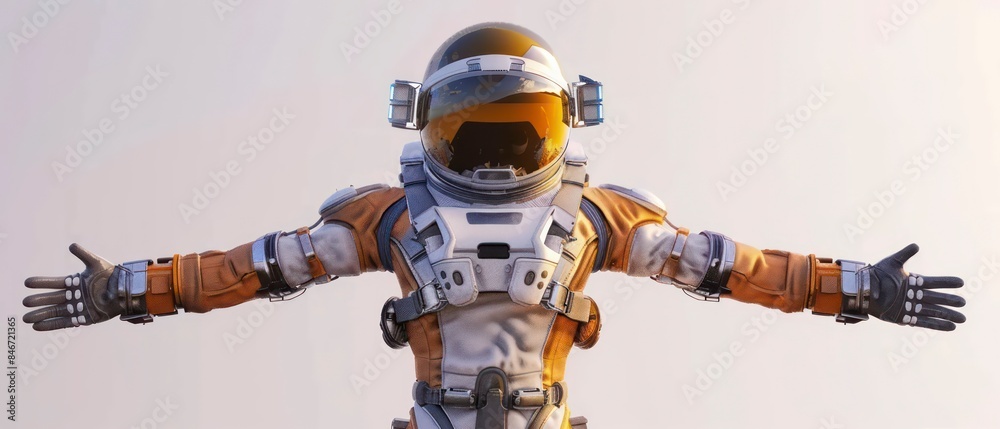 future astronaut, donning an impressive space suit, stands with arms ...