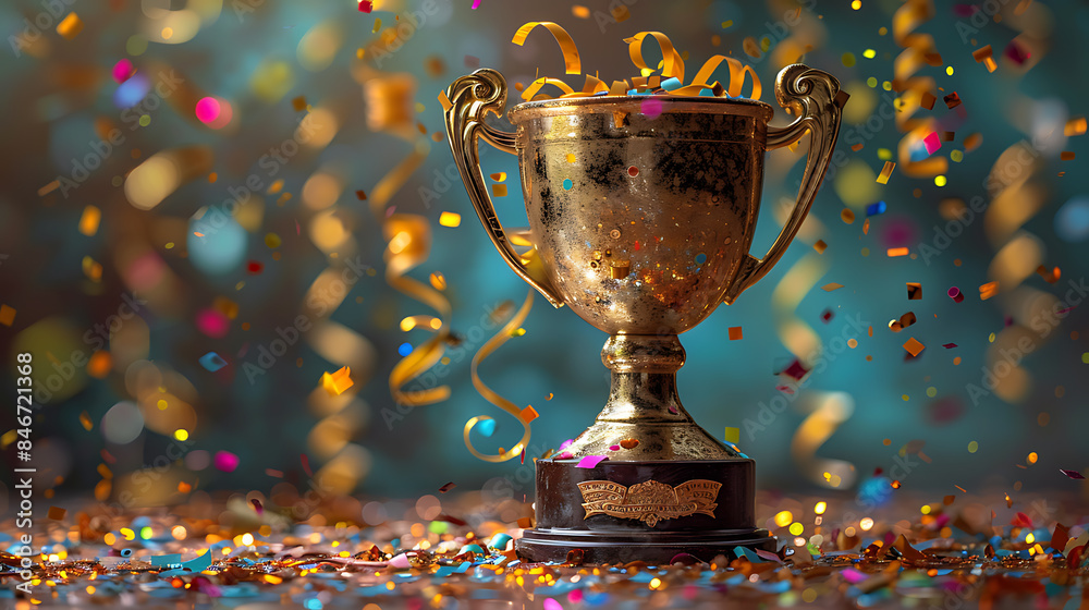 Gold trophy cup and confetti. colorful streamer party background and ...