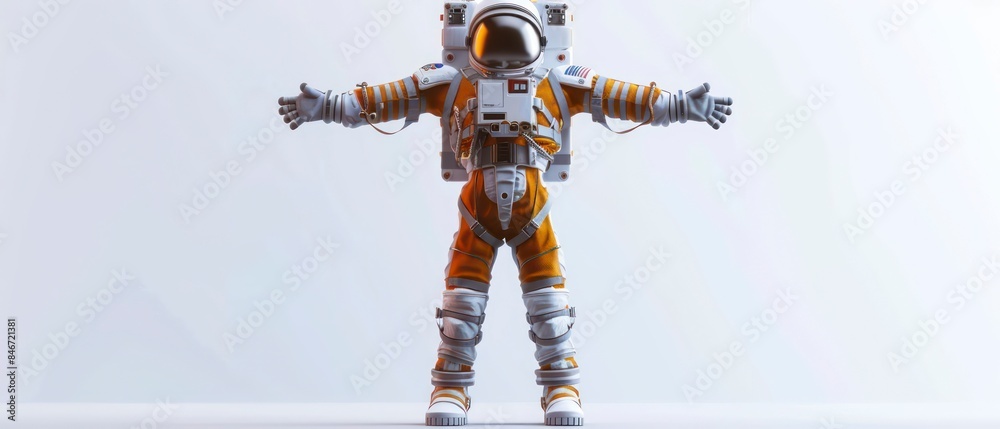 future astronaut, donning an impressive space suit, stands with arms ...
