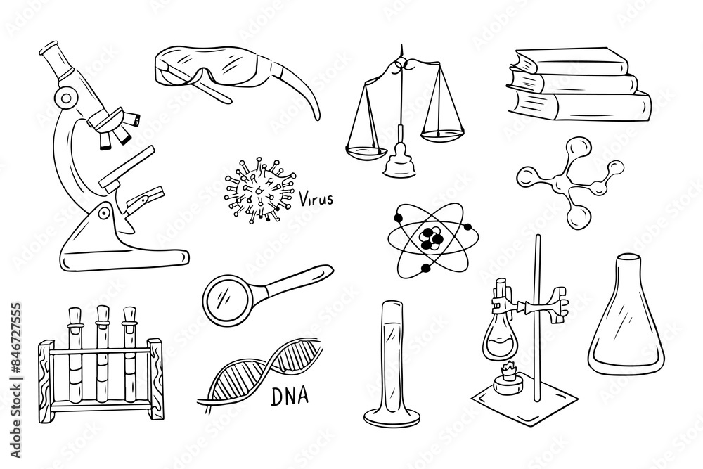Chemistry contour doodle collection with microscope and test tubes ...