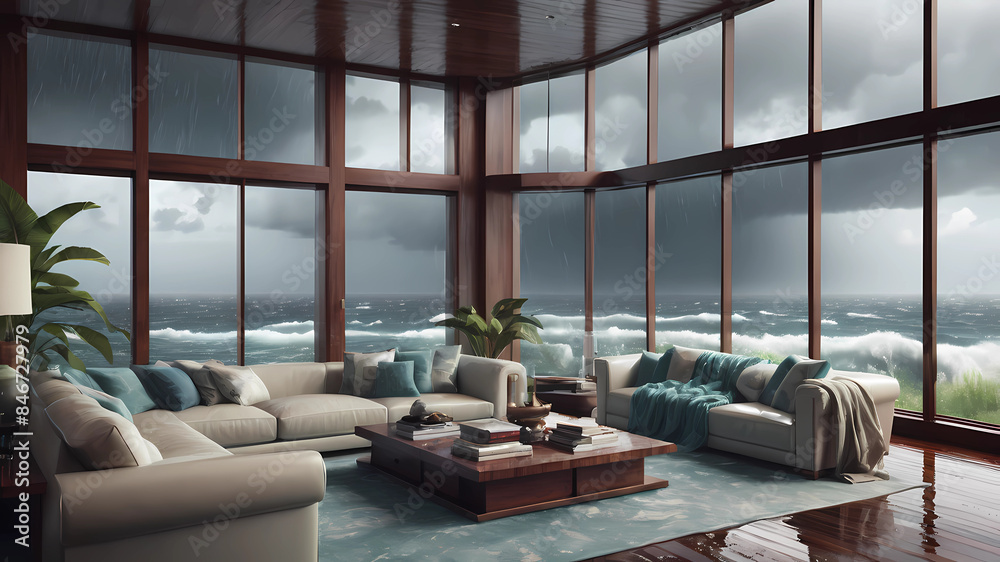 Interior architectural hi-res editorial living room with massive glass ...