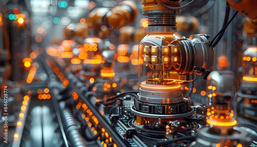 AI-driven Automation Hub, central hub with robotic arms and AI ...