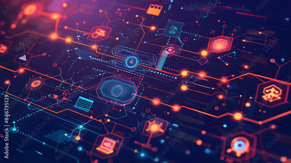 Business workflow process management concept. Workflow automation system with data diagram of ...