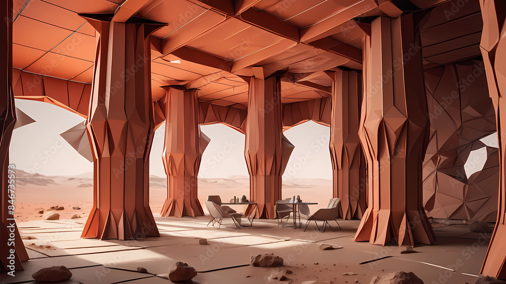 create a mars habitat, interior shot, building is made of columns and ...
