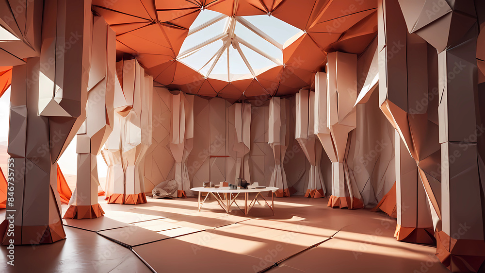 create a mars habitat, interior shot, building is made of columns and ...