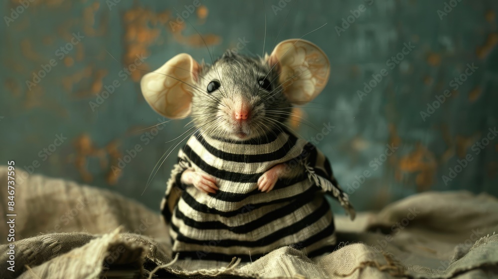 Whimsical image of a cunning mouse dressed in stripes, using fabric to ...