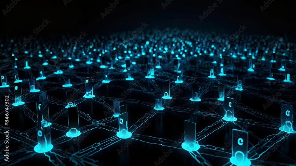 Visualization of a complex network of glowing blue nodes connected by ...
