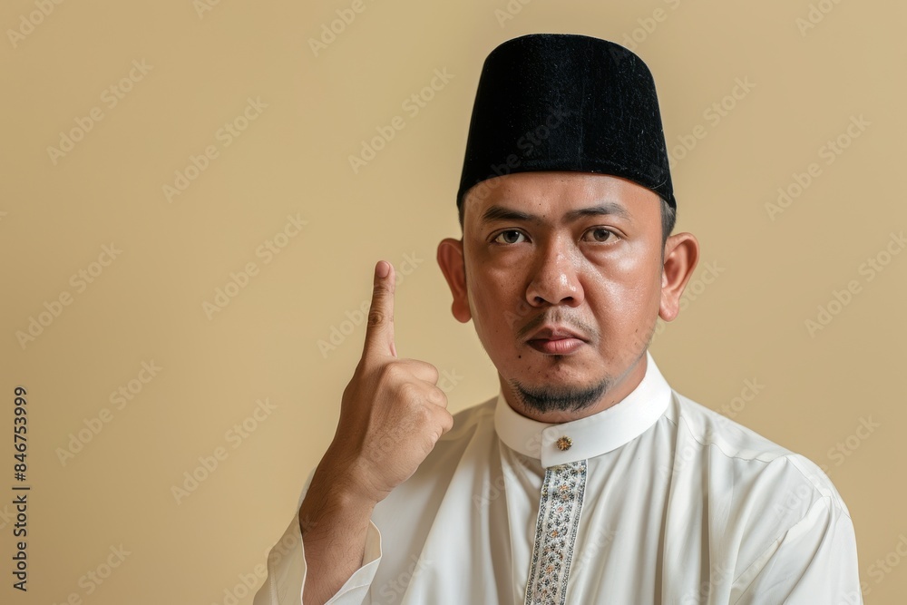 Various expressions and clothing worn by an Indonesian Muslim man of ...