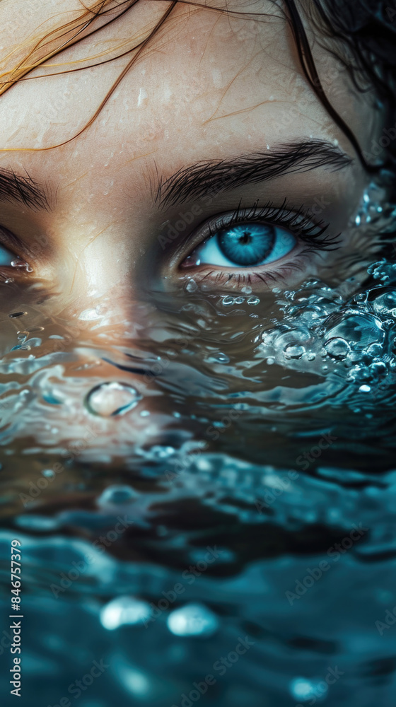 女, 女性, 瞳, 青い瞳, 水面, 水に浸る女性, プール, 水, woman, female, eyes, blue eyes ...