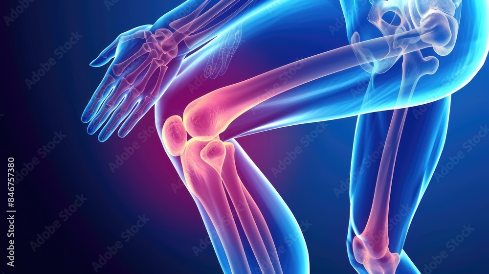 Elderly man with knee pain using cane on a park path, showing struggle ...