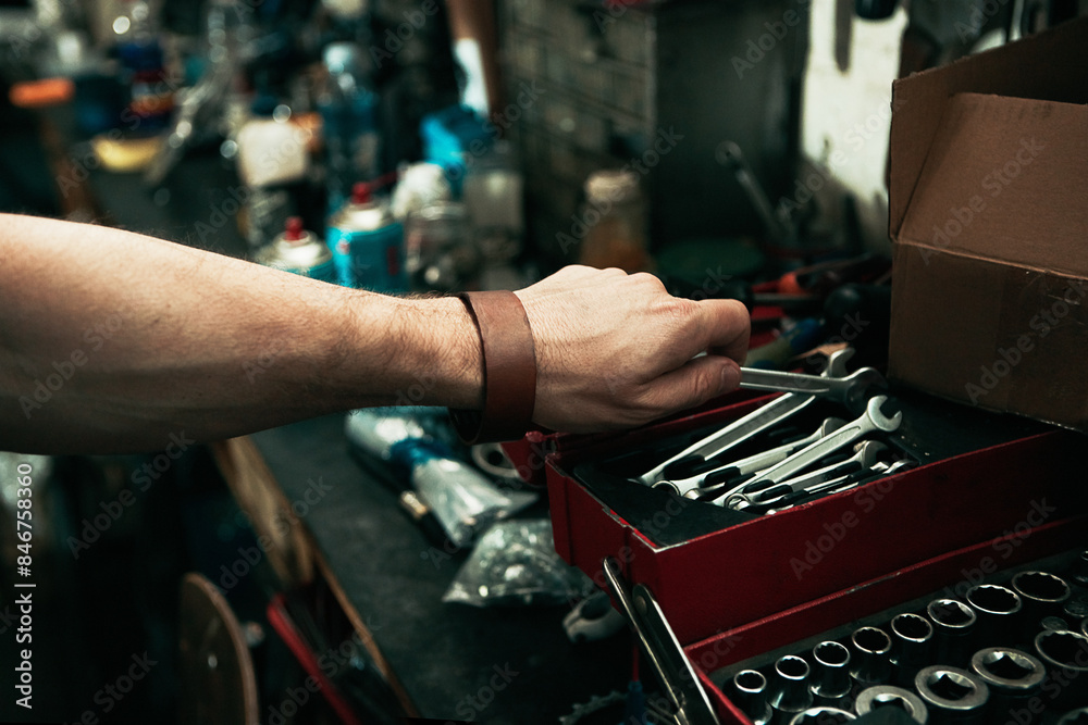 Man, hand and tool box for mechanic, spanner and upgrade or maintenance ...