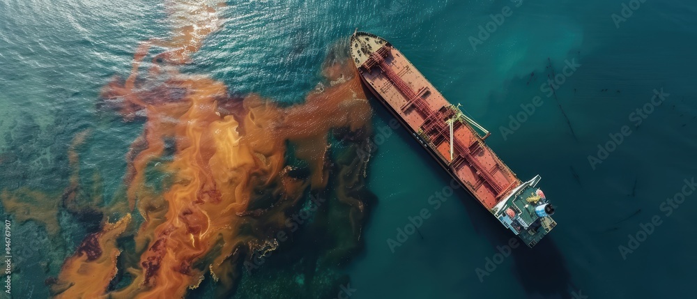 Container cargo ship causing dangerous oil leakage in the sea, harmful ...